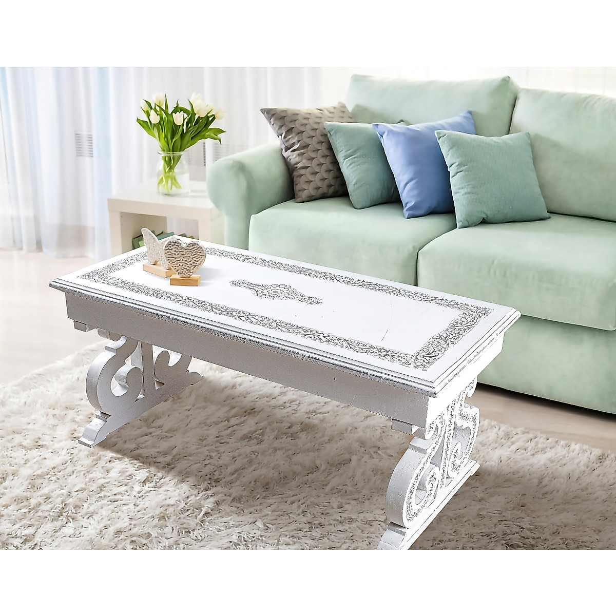 White Coffee Table,Wood Coffee Tables for Living room,Living room Centre Table,Wooden Coffee Table -Mango wood,Rectangular Wooden coffee Table,Tea Table,Wood Accent Table- 40x18 Inch Antique White