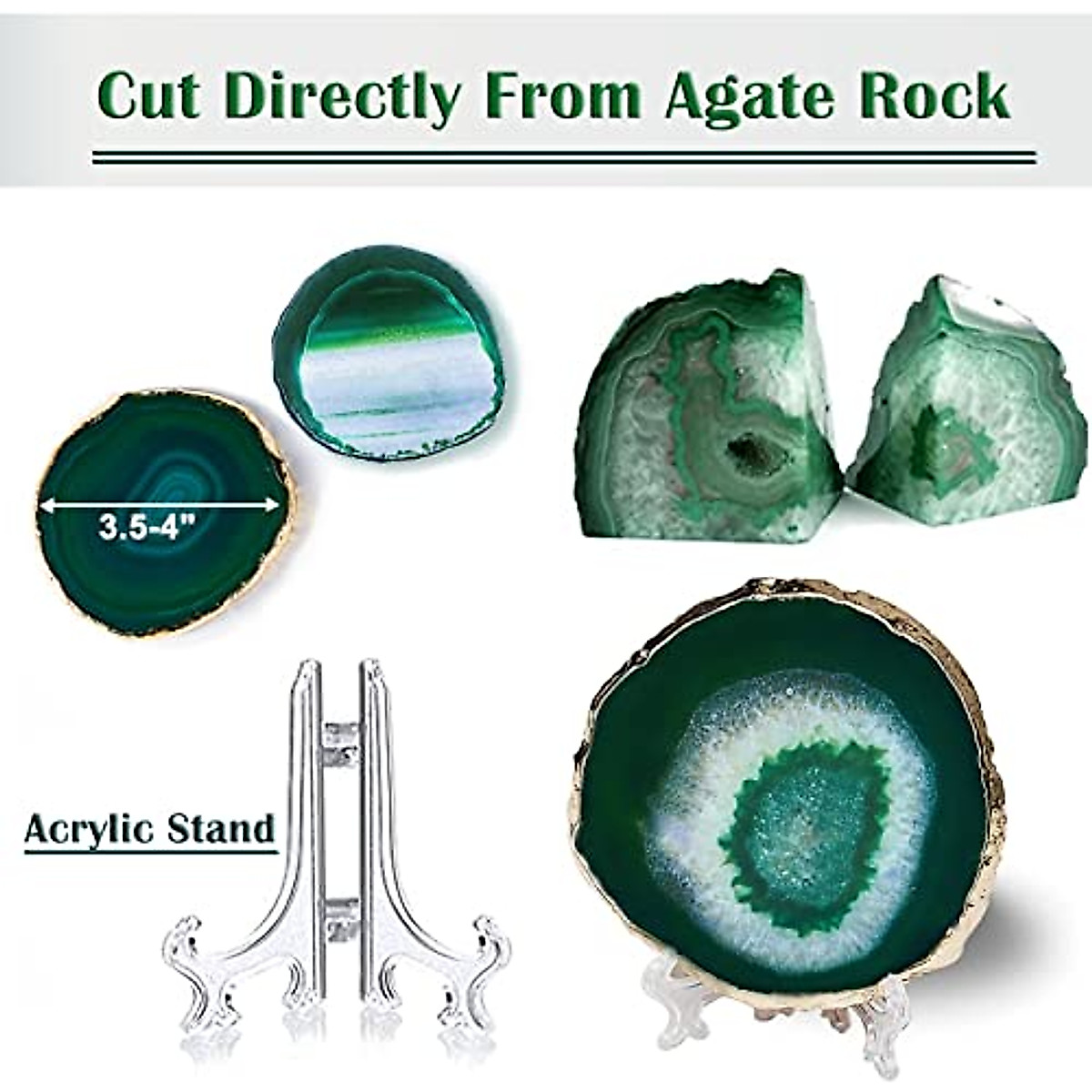 Green Agate Coasters Set of 4,Natural Geode Coasters Agate Slices Gold Rim 4 - 3.5",Gem Coasters for Drink,Decorative Geodestone Coasters for Home Decor, Coasters for Coffee Table