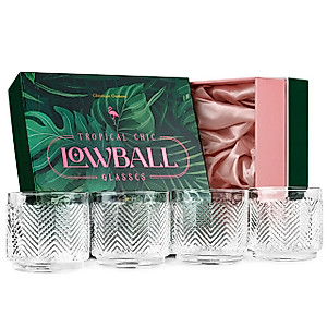 Vintage Flamingo Lowball Cocktail Glasses for Drinking Gin, Rum, Vodka, Whiskey Bar Drinks | Set of 4 | 11 oz Stackable Thick Crystal Short Tumblers | Tropical Glassware Collection