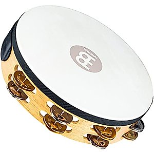 Meinl Percussion TAH2M-SNT Traditional 10-Inch Wood Tambourine with Goat Skin Head and Dual Alloy Jingles, 2 Row