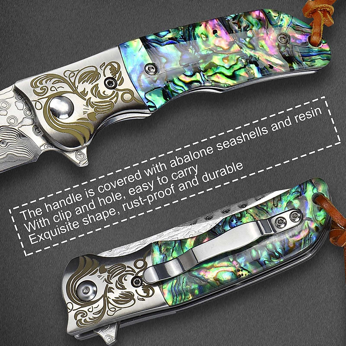 AUBEY Damascus Steel Pocket Knife with Clip, Abalone Shell Handle Folding Knife, Sharp EDC Hunting Knife with Leather Sheath for Camping Collection