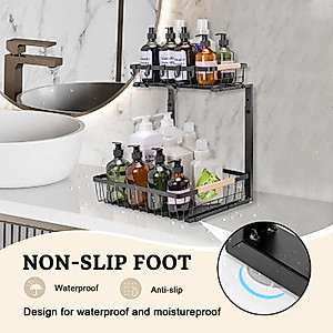 AT1nTen 2 Pack Under Sink Organizer, Sliding Cabinet Basket Organizer 2 Tier Under Bathroom Storage Rack with Hooks, Hanging Cup, Dividers, Multi-purpose Storage Shelf for Bathroom Kitchen, Black