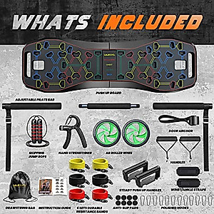 LALAHIGH Portable Home Gym System: Large Compact Push Up Board, Pilates Bar & 20 Fitness Accessories with Resistance Bands & Ab Roller Wheel - Full Body Workout for Men and Women, Gift for Boyfriend (Black)