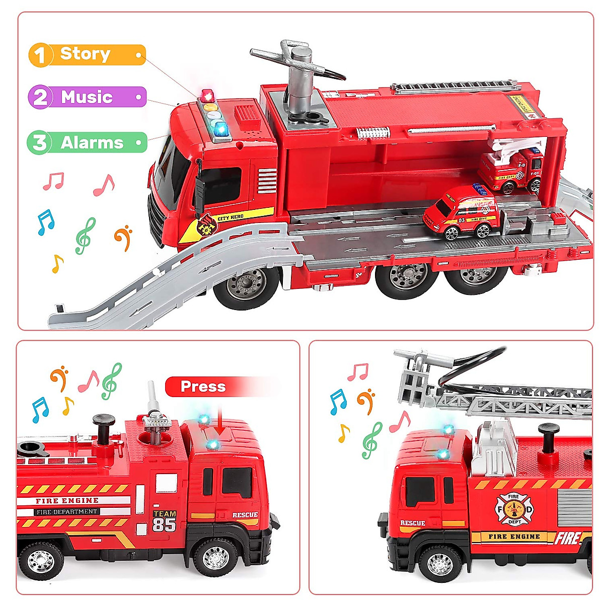 CUTE STONE 7 Pack Fire Trucks with Water Spraying Function, Fireman Toy Firetrucks with Sound and Light, Pull Back Cars, Friction-Powered Vehicles, Gift for Toddlers and 3+ Year Old Boys