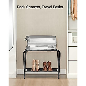 SONGMICS Luggage Racks, Set of 2, Suitcase Stand with Fabric Storage Shelf, for Guest Room, Bedroom, Hotel, Foldable Steel Frame, Holds up to 110 lb, 27.2 x 15 x 20.5 Inches, Black URLR002B02