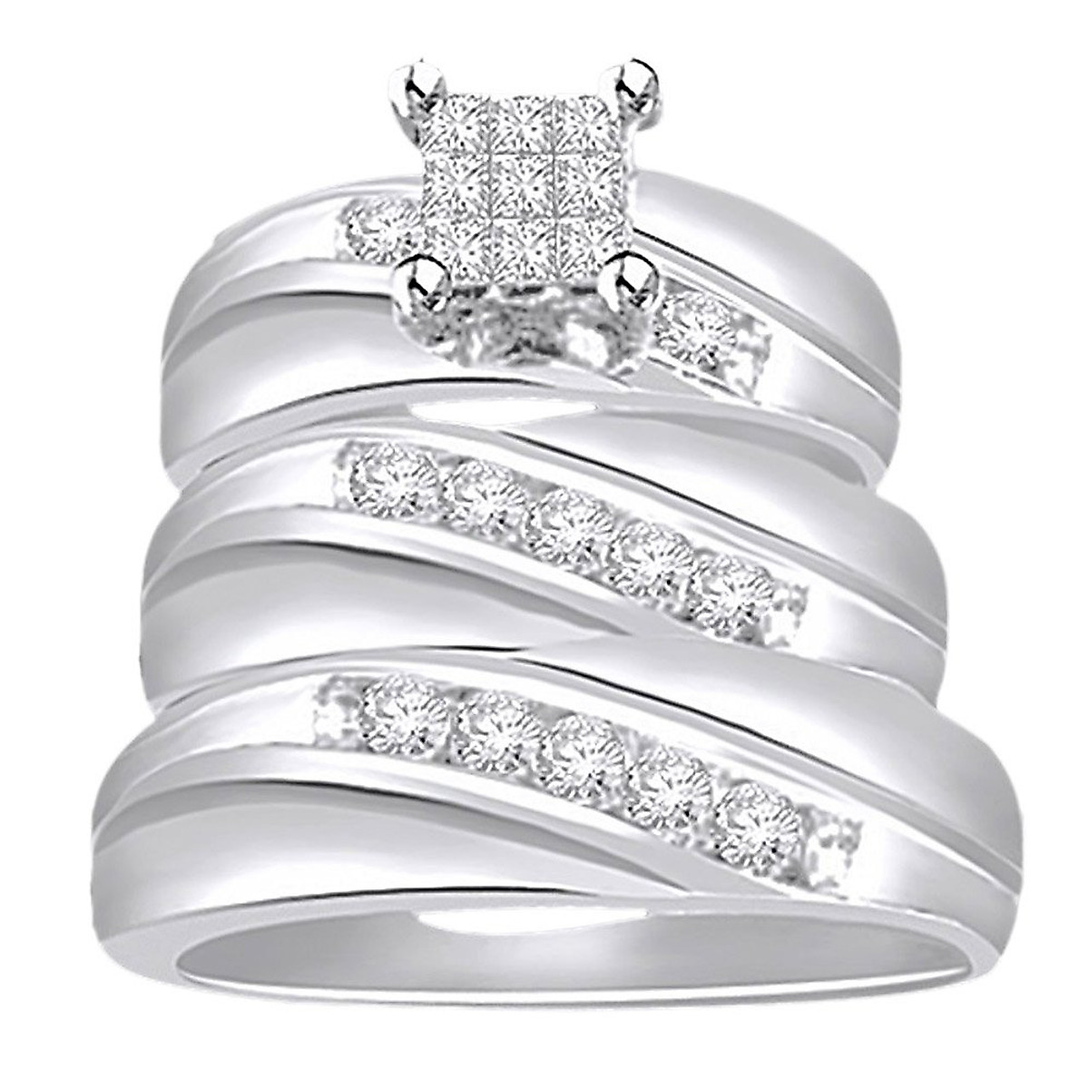 AFFY White Natural Diamond Engagement & Wedding Trio Band Ring Set in 14k White Gold Over Sterling Silver (0.67 Carat)