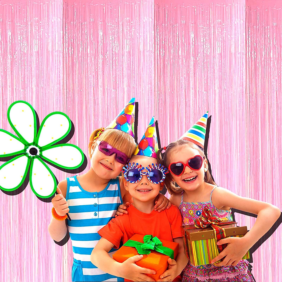 4 Pack Pink Foil Fringe Curtain Backdrop, 3.28Ft x 6.56Ft Metallic Tinsel Foil Fringe Streamers Curtains for Photo Booth, Wedding, Thanksgiving, Birthday, Christmas, Halloween Party Decoration