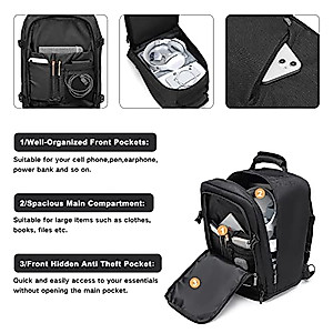 Kono Carry on Backpack, 16" Airplane Approved Under Seat Travel Backpack for Men and Women, Waterproof Lightweight Daypack for Flight 20L, Black