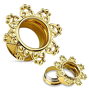 Gold Ear gauges Tribal Hearts Filigree Surgical Steel Double Flare Pair (5mm-4g)