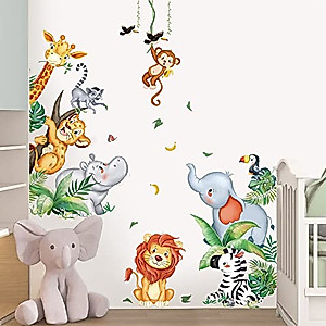 wondever Jungle Animals Wall Stickers Safari Animal Elephant Giraffe Lion Monkey Peel and Stick Wall Art Decals for Kids Bedroom Baby Nursery Door Decor
