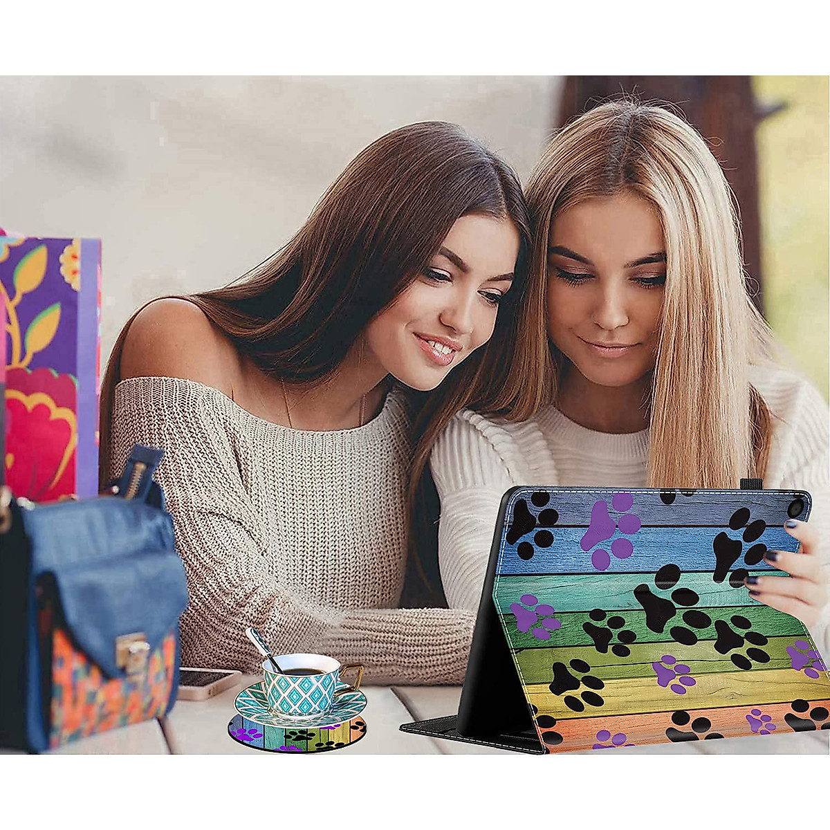 Case for All-New Amazon Fire HD 8 Tablet and Fire HD 8 Plus Tablet (10th Generation, 2020 Release) Leather Smart Cover with Pocket and Auto Wake/Sleep, Rainbow Woodgrain Black and Purple Dog Paw