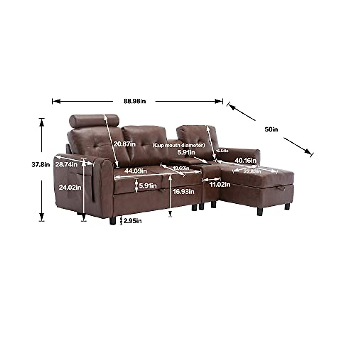 FANYE L-Shaped Corner Sectional Reversible Storage Chaise, Modern Convertible Sofa & Couch W/Headrest and Cupholders for Home Apartment Office Living Room, Brown PU Leather
