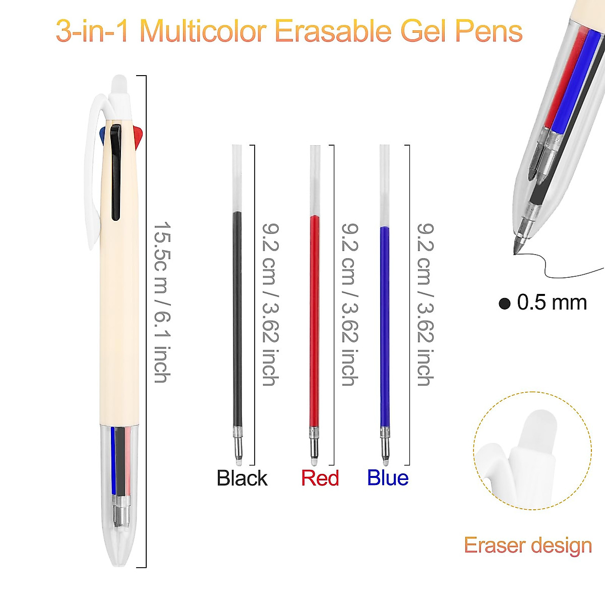 6 PCS 3-in-1 Multicolor Erasable Gel Pens, Erasable Multicolor Ballpoint Pen for Make Mistakes Disappear,0.5mm Ink Gel Pens Quick-drying Rolling Ball Pens with Eraser,3-Color Retractable Erasable Pens