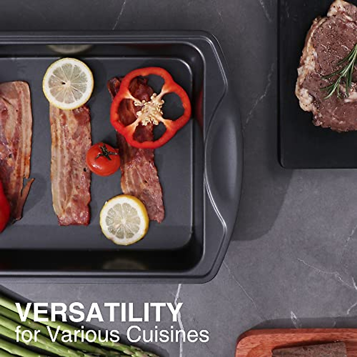 HONGBAKE 9x13 Baking Pan, Rectangle Cake Pan, Premium Small Sheet Pan for Oven with Widened Handle, Nonstick and Dishwansher Safe - Dark Grey