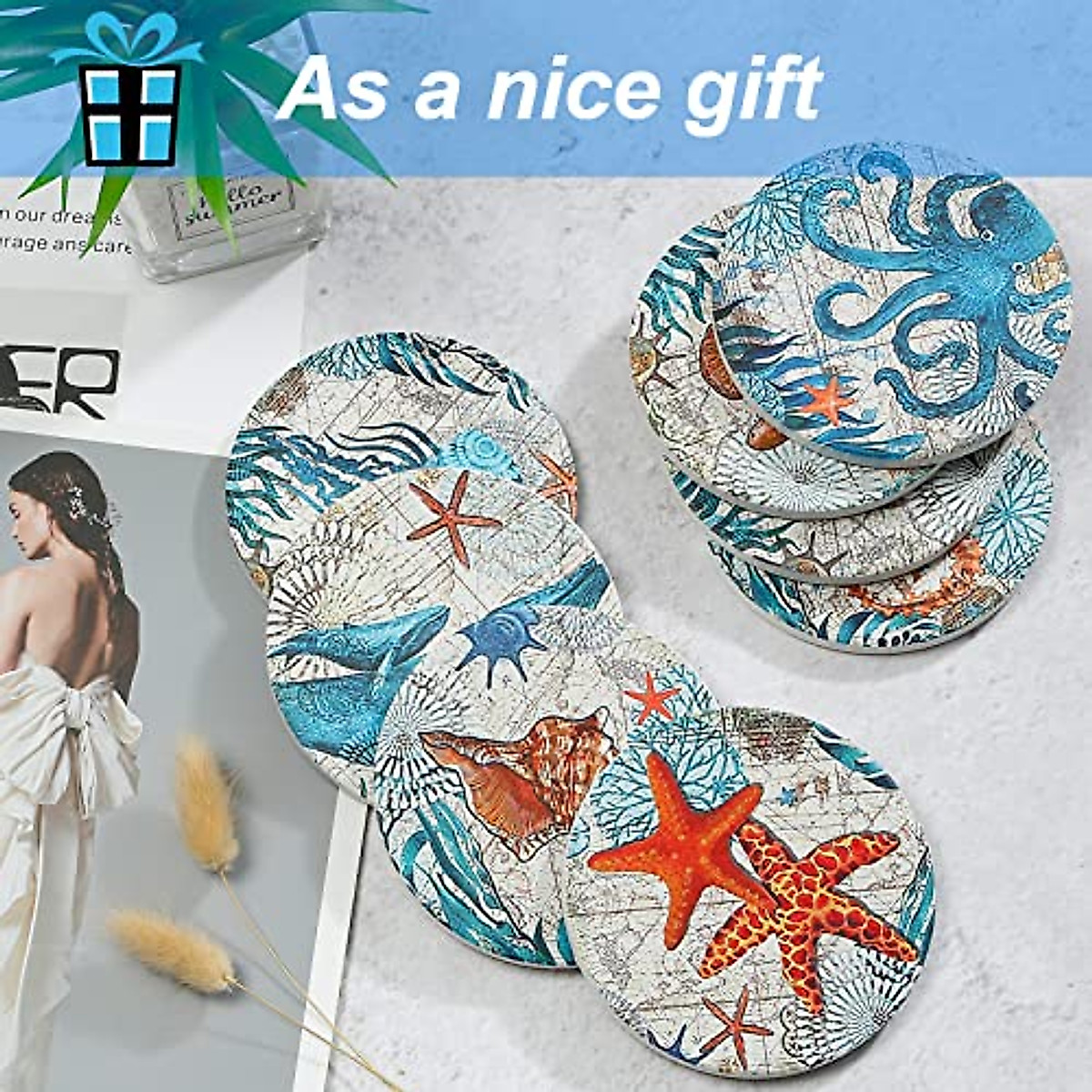 8 Pieces Stone Coasters with Holder for Drinks, Cork Base Ocean Beach Theme Tropical, for Housewarming, Apartment Kitchen Room Bar Decor, Funny Birthday, Wooden Table