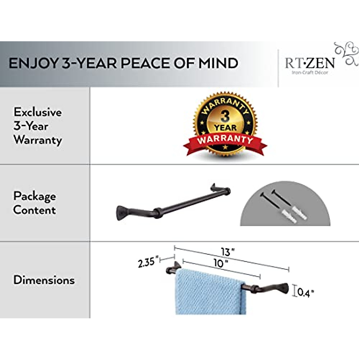 RTZEN Small Elegant Bathroom Hand Towel Holder - Fancy Wrought Iron Kitchen Towel Bar Wall Mount Rod - Matte Black Towel Hanger for Home Kitchen or Office - 13" Rack Fits 10" Hand Towels