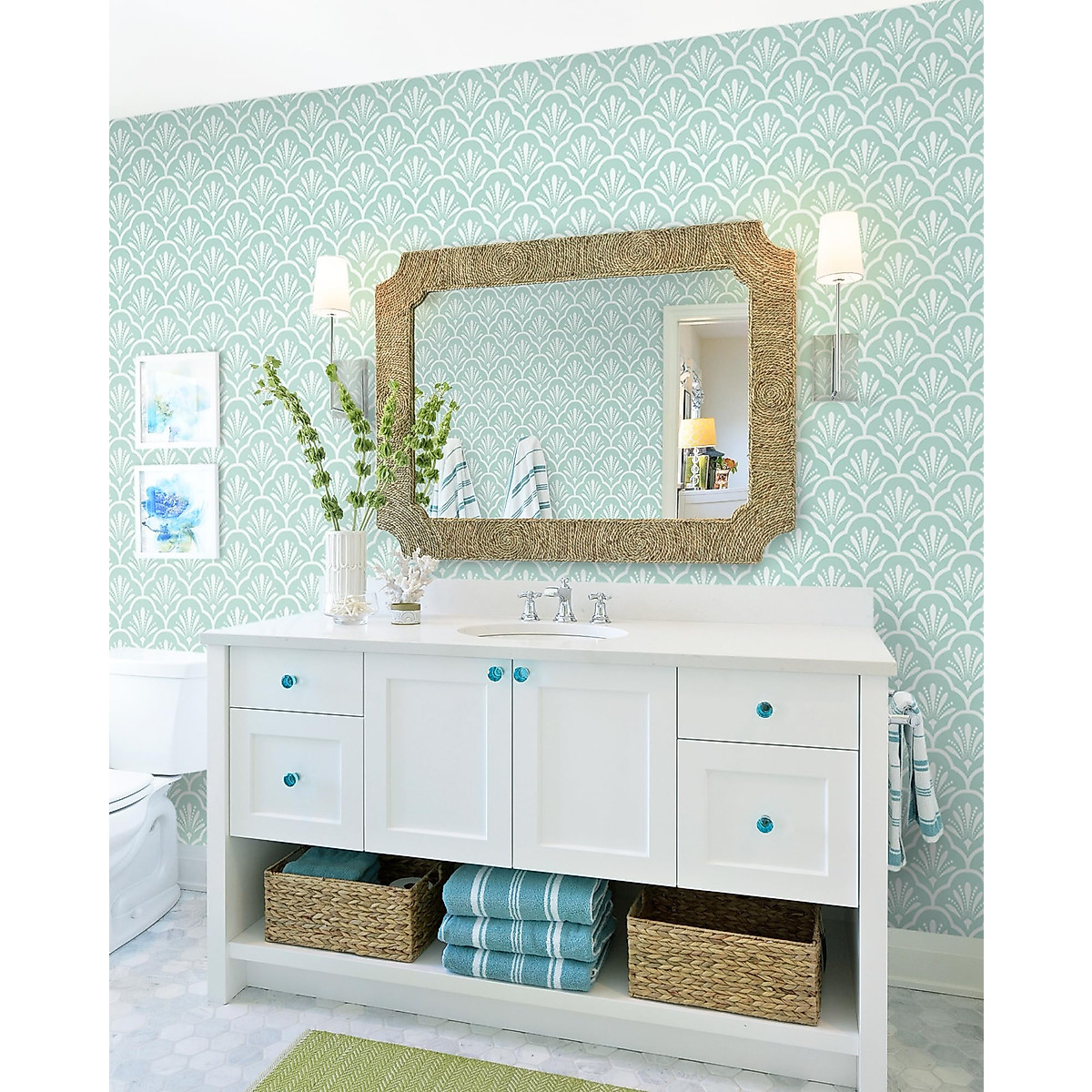 Guvana Green Peel and Stick Wallpaper Geometric Contact Paper Modern DIY Self Adhesive Wallpaper 17.32" X78.7"Removable Contact Paper White Trellis Decorative Paper for Accent Wall Covering Vinyl Roll