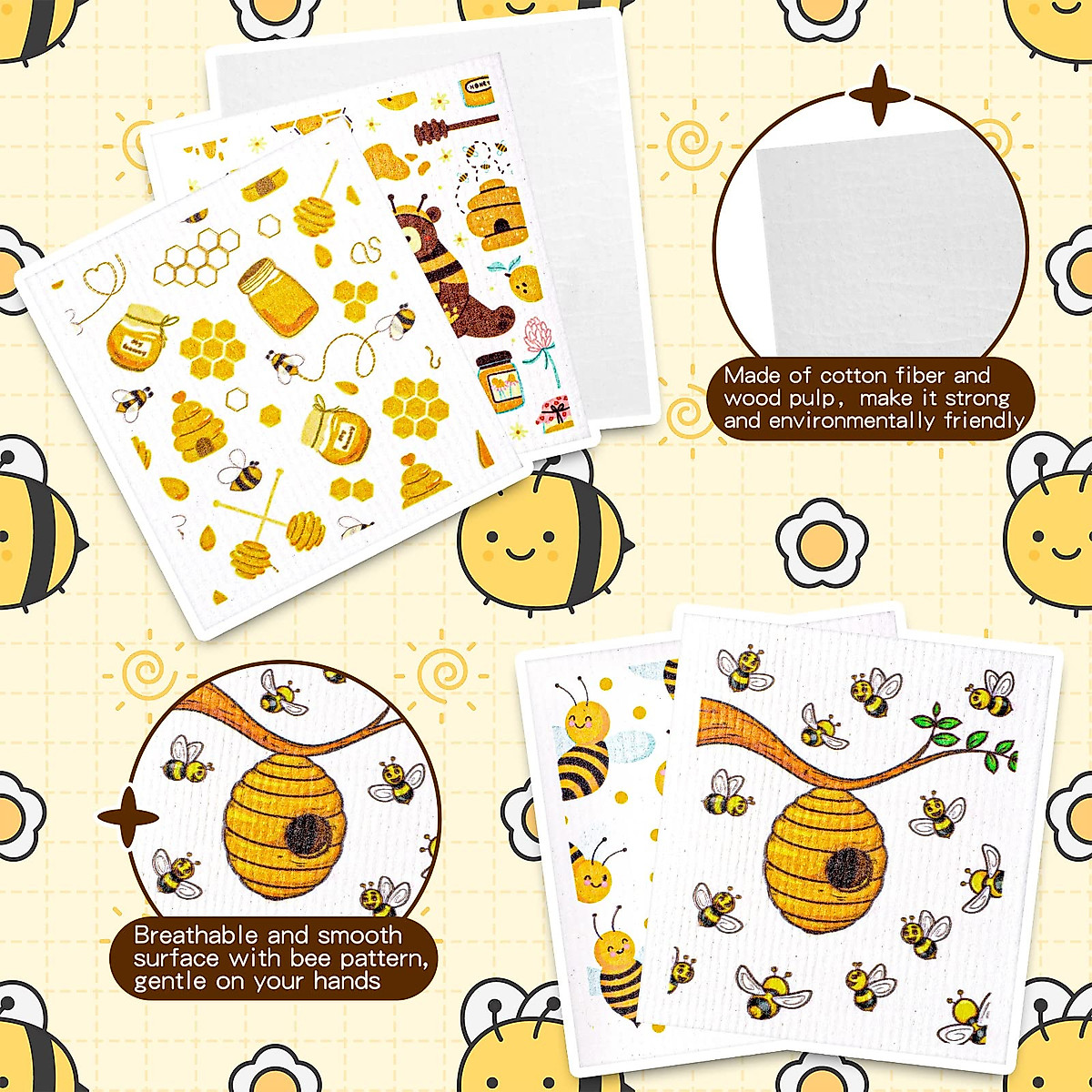 Newwiee 9 Pcs Swedish Kitchen Dishcloths Swedish Dish Towel Kitchen Washcloths for Dishes Reusable Absorbent Towels Quick Drying Cleaning Dish Cloths for Kitchen Bar Hand Washing (Bee)