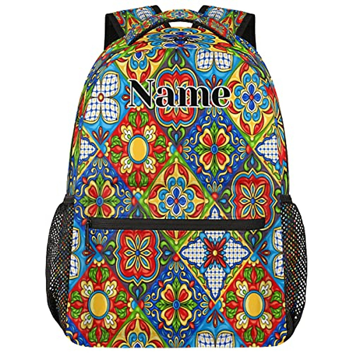 Custom Ethnic Mexican Talavera Backpack for Teens Boys Girls, Add Your Own Text Name Mexican Tiles Personalized Schoolbag Bookbags, Customized Laptops Backpack for Men Women