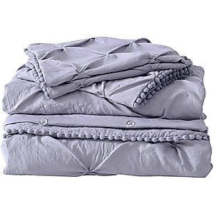 Chezmoi Collection Natalia 3-Piece Pom Poms Fringe Pinch Pleat Duvet Cover Set - Hypoallergenic Soft Washed Microfiber Comforter Cover with Button Closure and Corner Ties - Queen, Purple