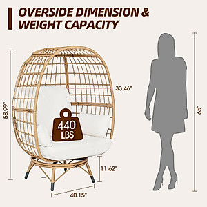 Temminkki Oversized Wicker Egg Chair Outdoor Indoor All-Weather Basket Lounger Chair with Beige Cushion 440lb Capacity