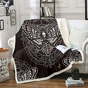 Feelyou Death Moth Fleece Blanket for Chair Sofa Couch Boho Gothic Skull Sherpa Blanket Decorative Pesonalized Skeleton Bones Fuzzy Blanket Bohemian Style Plush Throw Blanket Throw 50"x60"