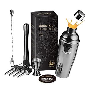 KITESSENSU Black Cocktail Shaker Set Drink Mixer | 10-Piece Bartender Kit: 24 Ounce Margarita Shaker, Double Jigger, Muddler, 4 Liquor Pourers, Alcohol Mixer Spoon, Velvet Bag, Recipes Booklet