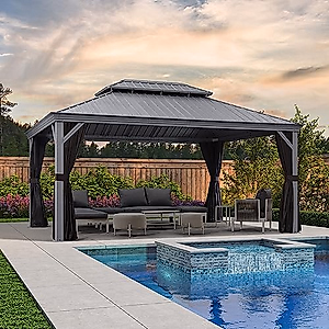 PURPLE LEAF 12' x 16' Hardtop Aluminum Gazebo with Double Metal Roof Heavy Duty Permanent Gazebo for Patio Deck Lawn Garden All Weather Outdoor Pavilion Gazebo, Light Grey