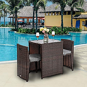 Bonnlo 3 PCS Wicker Outdoor Patio Bistro Set, Patio Furniture Set for Small Space with Glass Top Table Wicker Dining Chairs, Outdoor Balcony Furniture Dining Table Set for Garden Yard Porch