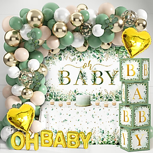Gender Neutral Sage Green Baby Shower Decoration for Boy Girl Gender Reveal Safari Baby Shower Decor Supplies Baby Box with Letters Oh Baby Backdrop Tablecloth Balloon Garland Arch Kit (01)