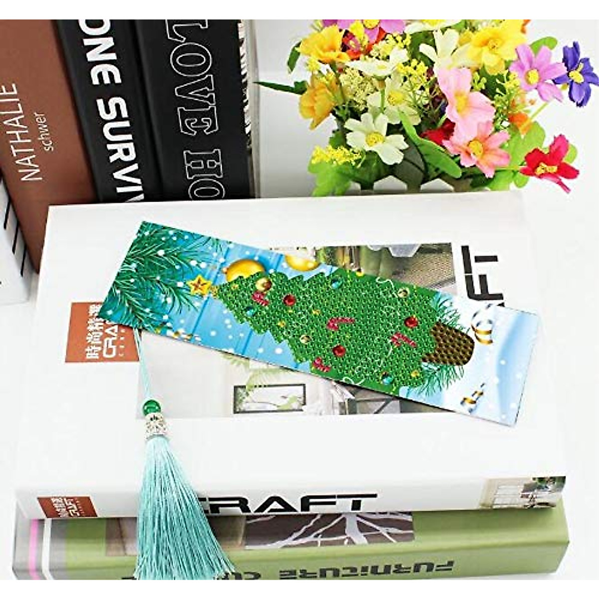 Christmas Bookmark Diamond Painting Kit - pigpigboss 4 Pack 5D Diamond Painting Art Crystal Rhinestones Snowman Bookmark Diamond Painting Set Christmas Tree Diamond Dot Bookmark Book Decor (21 x 6 cm)