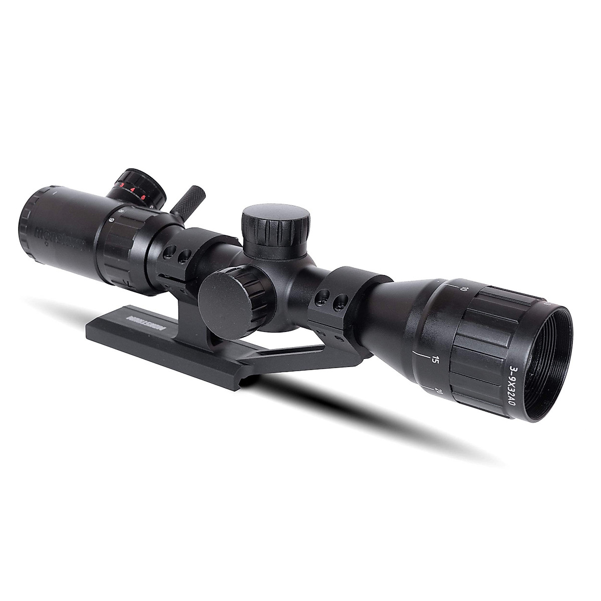 Monstrum 3-9x32 AO Rifle Scope with Illuminated Range Finder Reticle and Parallax Adjustment | ZR255 H-Series Offset Scope Mount | Bundle