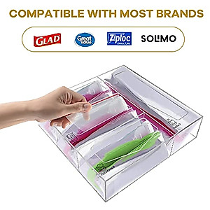 Acrylic Ziplock Bag Storage Organizer w/ 4 Compartments, Clear Baggie Organizer for Kitchen Drawer, Compatible with Ziploc, Gallon, Quart, Sandwich & Snack Variety Size Bag