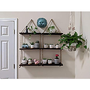 HXSWY Rustic Rope Hanging Shelves for Wall Wood Window Plant Shelf Indoor 3 Tier Dark Brown