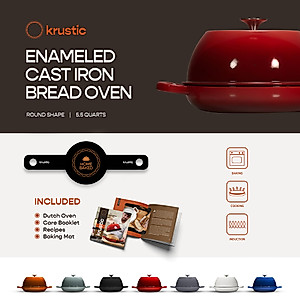Krustic Enameled Cast Iron Dutch Oven for Sourdough Bread Baking | 6 Quart Pot with Lid | 10 Inch Ceramic Enamel Thick Coated Cookware Set with Non Stick Silicone Baking Mat for Cooking | 6 Qt | Red