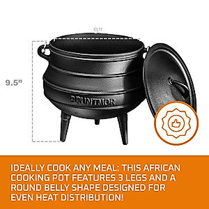 Bruntmor Pre-Seasoned Cast Iron Cauldron - 6 Quart African Potjie Pot with Lid - 3-Legged Dutch Oven for Camping and Over-the-Fire Cooking - Durable Outdoor Cookware for Stews, Chili, and Slow Cooking