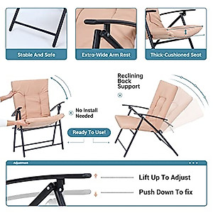 JOYTIO 3-Piece Folding Patio Bistro Dining Set, Outdoor Dining Furniture Set with 2 Folding Reclining Chairs with Cushion and 1 Folding Glass Table - Beige