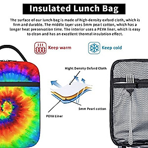 Tie Dye Lunch Bag for Kids boys girls Women Men,Reusable Insulated Lunch Box,Large Capacity Tote Bag for School, Work, Picnic, Travel (Rainbow, One Size)