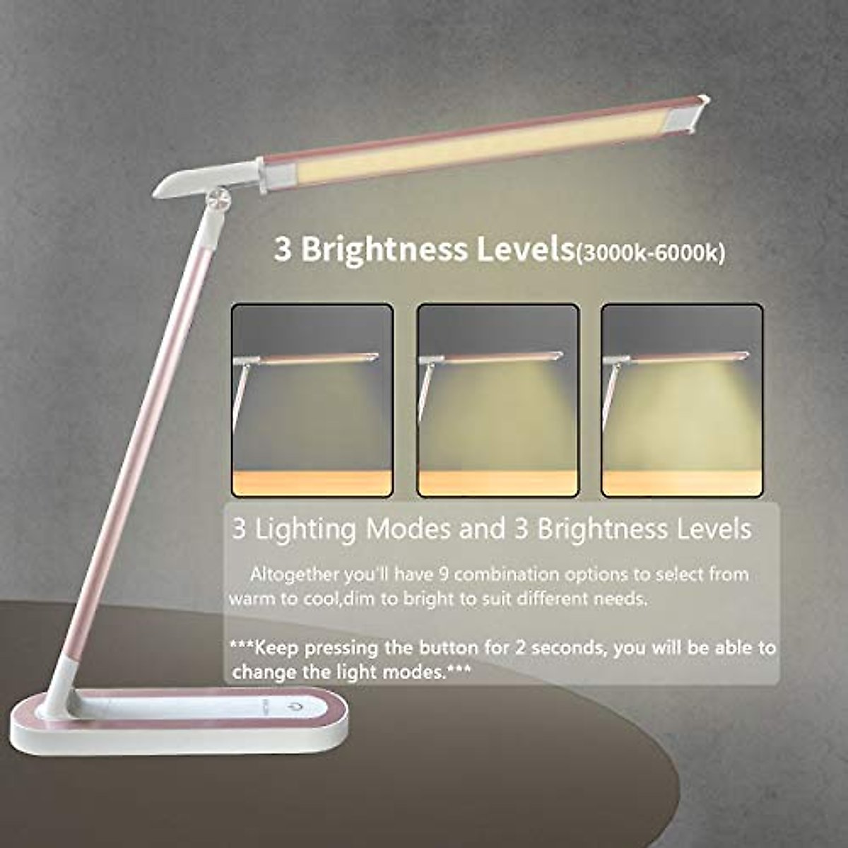 HDTIME-Desk Lamp with USB Charging Port, 3 Lighting Modes 3 Brightness Levels Desk Light,Touch Control Adjustable Led Kids Desk Lamp Pink for Reading,Study,Office