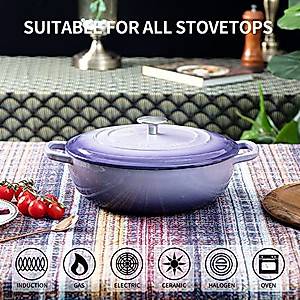 EDGING CASTING Enameled Cast Iron Dutch Oven Shallow Casserole Braiser with Dual Handle, 3.8-QT, Purple
