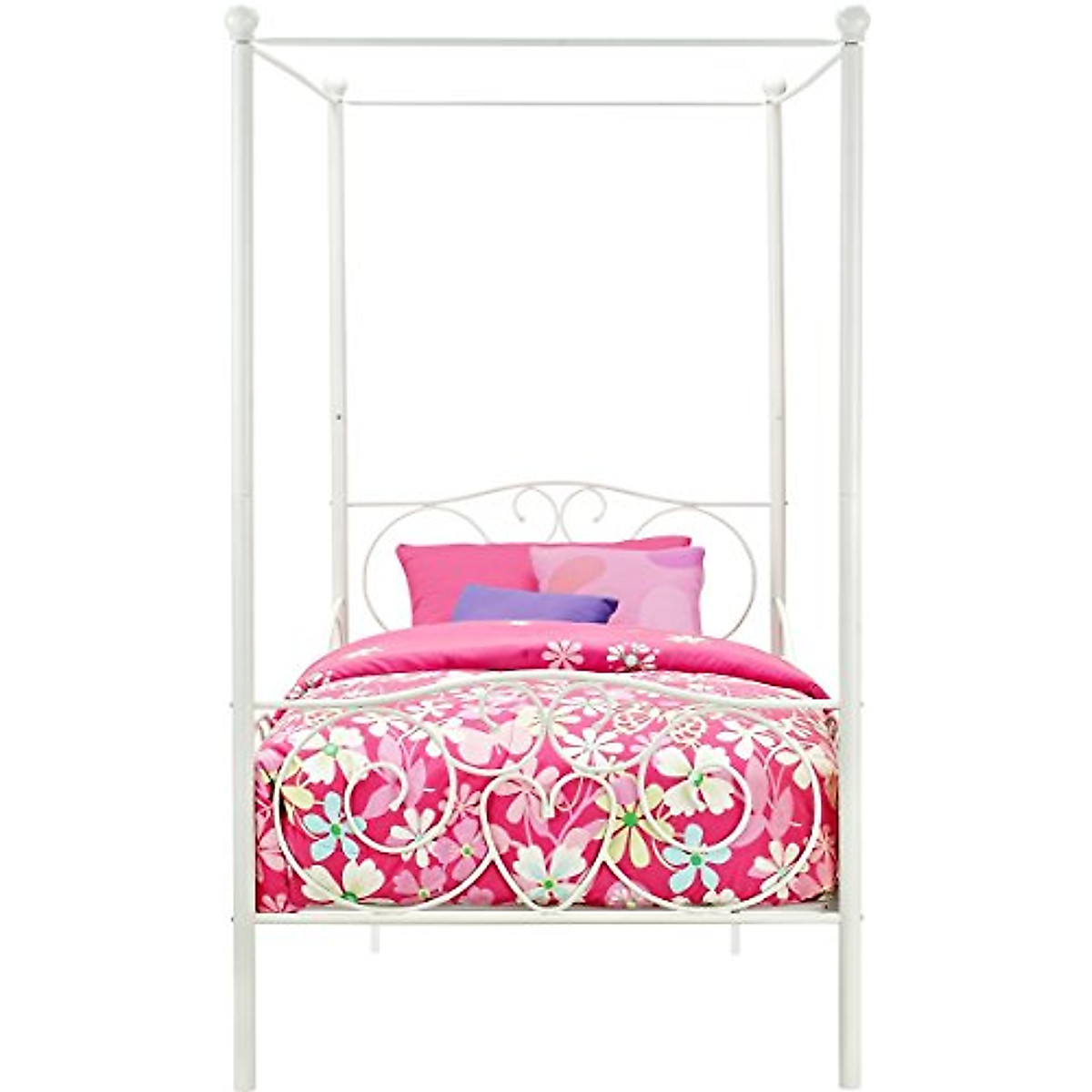 DHP Metal Canopy Kids Platform Bed with Four Poster Design, Scrollwork Headboard and Footboard, Underbed Storage Space, No Box Sring Needed, Twin, White