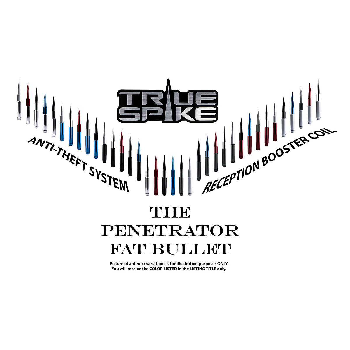 TRUE SPIKE 9 inch BLACK PENETRATOR FAT BULLET ANTENNA with ANTI-THEFT + COPPER COIL in Heavy Gauge CNC Machined Billet Aluminum Short Compatible with CHEVY SILVERADO 1500 2500 3500