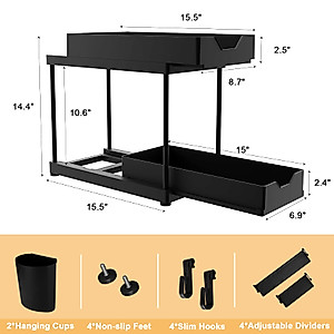 2-Tier Under Sink Organizer, Double Sliding Cabinet Storage Drawer, Storage Pull For Home Bathroom Kitchen Pantry Office, with 4 Hooks 2 Hanging Cups 4 Dividers 4 Non-Slip Feet