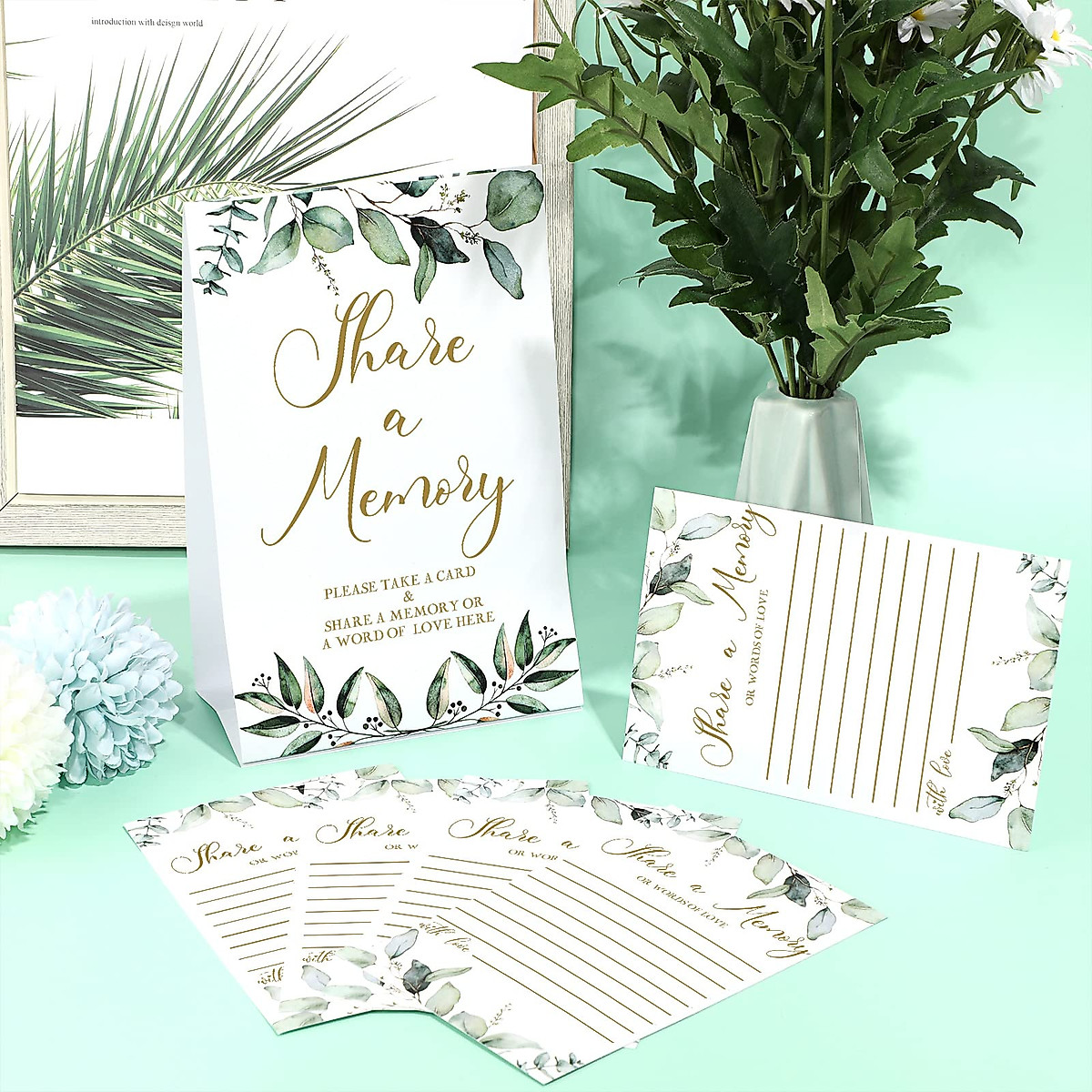 50 Pcs Share a Memory Cards and Greenery Place Cards Seating Place Cards Greenery Eucalyptus for Graduation, Wedding, Bridal Shower, Birthday Party, Celebration Anniversary, Funeral (Gold Font)