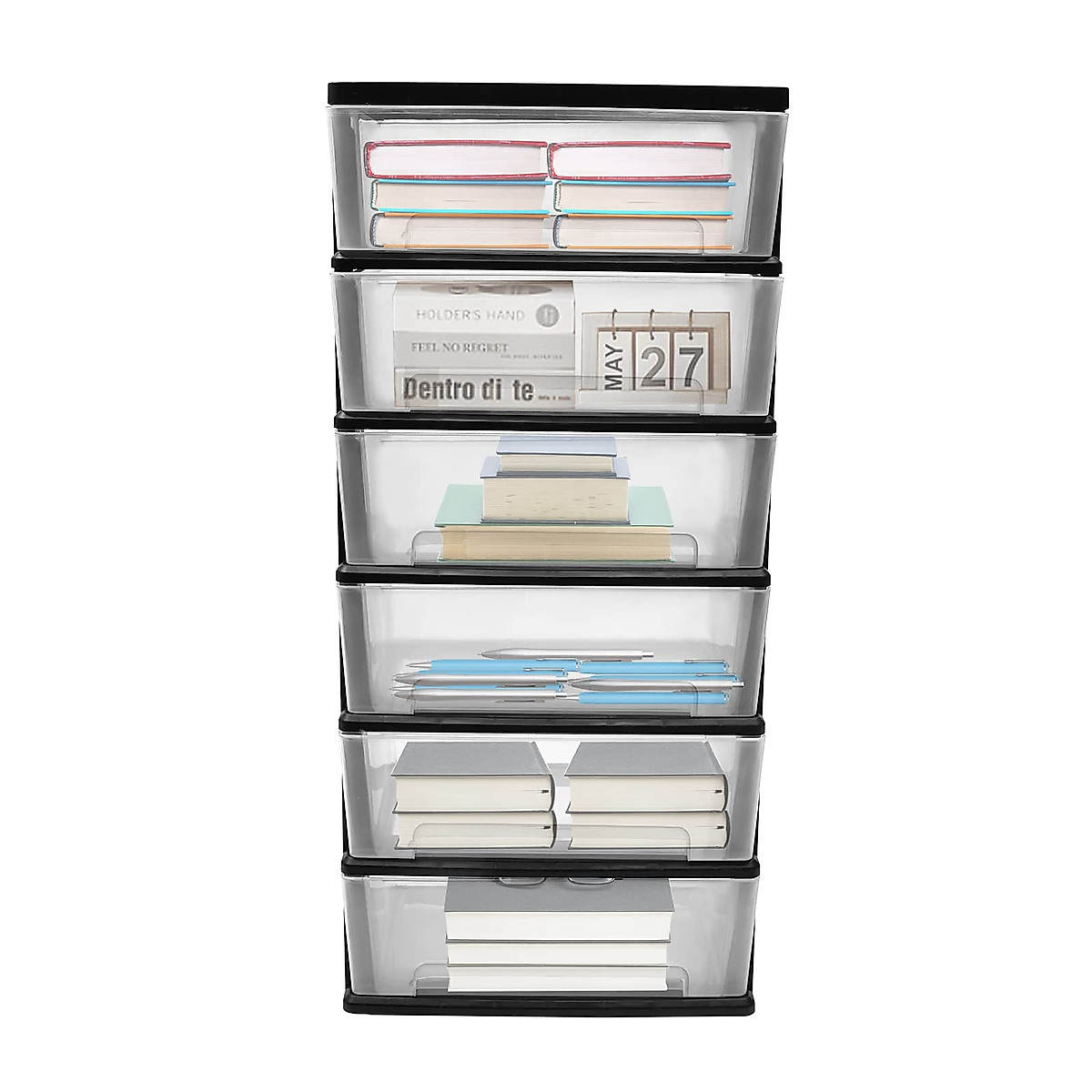 LINISHOP 6-Tier Rolling Storage Cart Rectangle Rolling Storage Cabinet Organizer Books Documents Storage Foldable Drawer Shelves Unit Rack with 4 Wheels for Home Office PP 19.7*13*43in (Black+Clear)