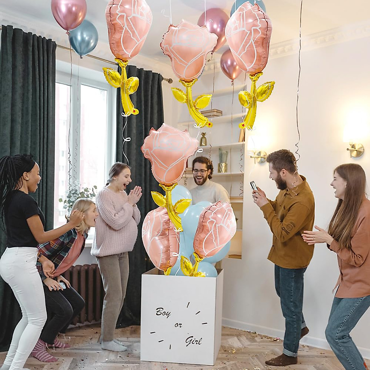 37'' Pink Rose Balloons Valentines Day Helium Balloons Pink Flower Aluminum Foil Balloons Romantic Decorations Special Night, 6 Pack Rose Aluminum Balloons for Wedding Bridal Anniversary Supplies