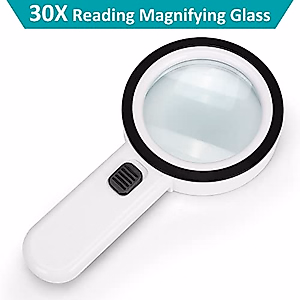 30X Magnifying Glass with Light and Case - Reading Magnifying Glass Handheld Large Glass Lens Magnifier Ideal for Seniors, Inspection, Coins, Stamps, Jewelry, Macular Degeneration