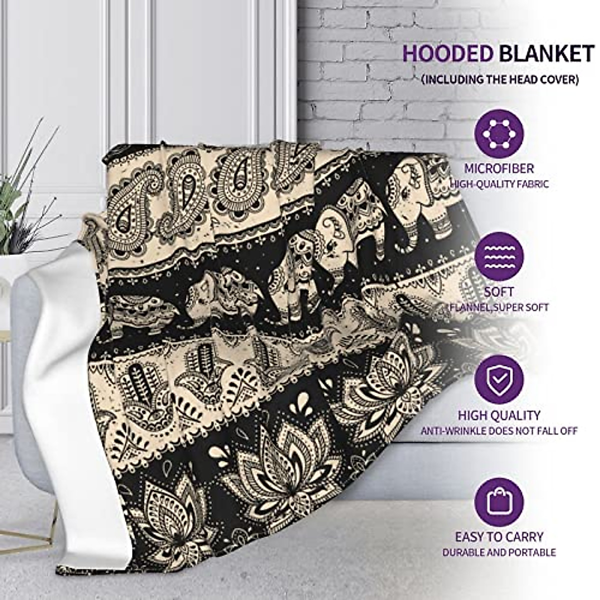 Ethnic Elephant Paisley Flannel Wearable Blanket Hoodie-Plush Warm Blanket Fleece Blankets For Bed Couch Hooded Blanket For Kids Adults Travel Throw Blankets Gift