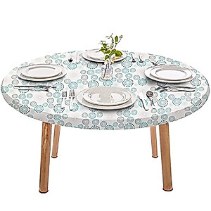 Gorilla Grip Vinyl Round Tablecloth, Fitted Elastic Edge Cover, Fade and Stain Resistant Table Cloths, Spill Proof Linen Covers for Indoor Dining, Outdoor Picnic Parties, Camping, 44" Turquoise Spiral
