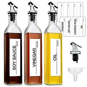 GMISUN Olive Oil Dispenser Bottle, Oil and Vinegar Cruet Set with 17oz/500ml Cooking Oil Container Glass Carafe, Oil Pourer Spout, Funnel and Labels, 3Pack, Clear